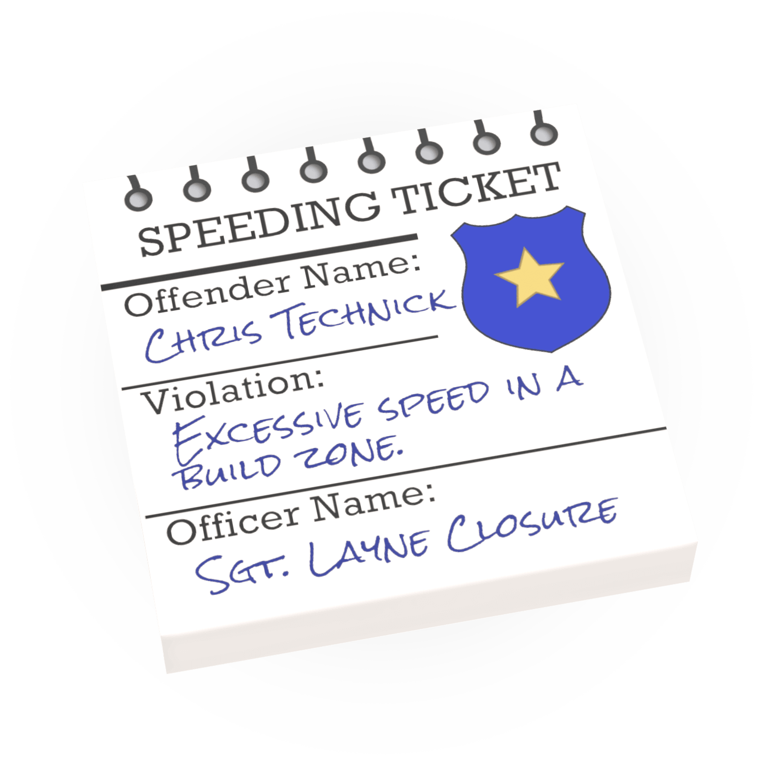 Speeding Ticket - Custom Printed 2x2 Tile - Made using LEGO® parts